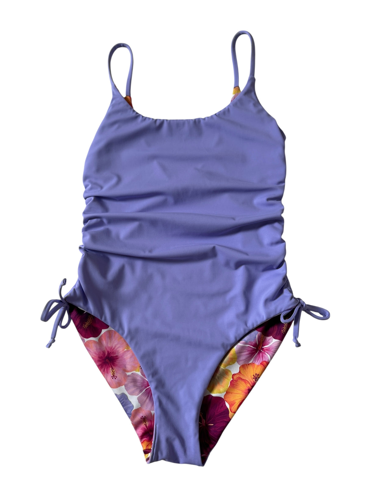Scrunch one-piece: Hibiscus + Lavender (MEDIUM) | HoniHoni Swimwear